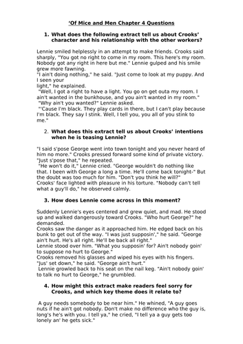 Of Mice and Men Chapter 4 Questions | Teaching Resources