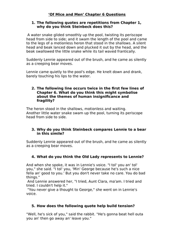 Of Mice & Men Chapter 6 Questions | Teaching Resources
