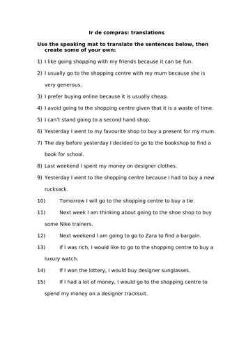 Spanish GCSE Shopping speaking mat & translation: ir de compras ...