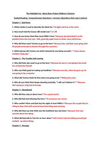 THE MIDNIGHT FOX - Betsy Byars - KS2 READING / COMPREHENSION QUESTIONS ...