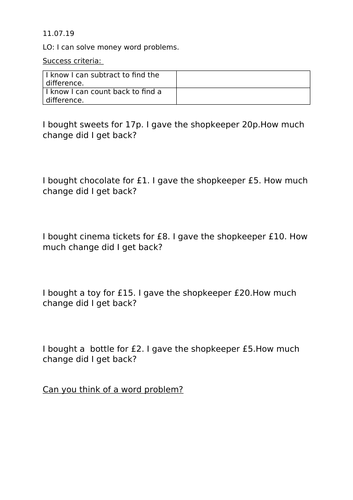 Money change word problems | Teaching Resources