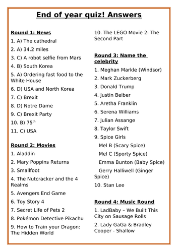 2018/2019 End of year / Transition quiz (Fun end of year activity ...