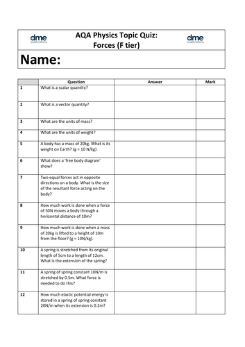 AQA GCSE Physics Topic Quiz - Forces - Foundation Tier | Teaching Resources