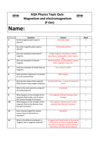 AQA GCSE Physics Topic Quiz - Magnetism and Electromagnetism - F tier ...