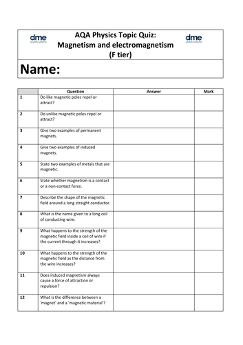 AQA GCSE Physics Topic Quiz - Magnetism and Electromagnetism - F tier ...