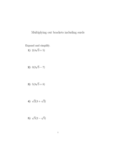 Multiplying out brackets including surds worksheet no 4 (with solutions ...