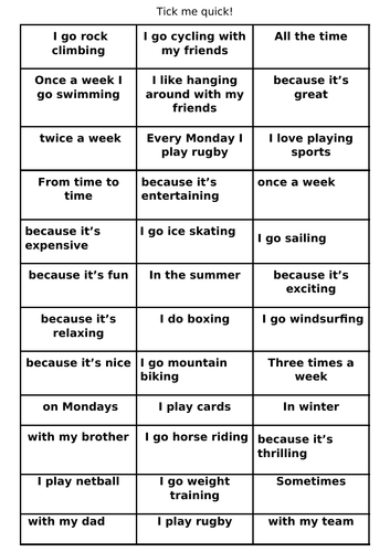 Sentence builder on free time activities( mainly sports), whole unit ...