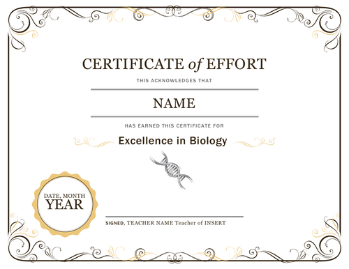Certificate of Achievement and Effort for Biology | Teaching Resources