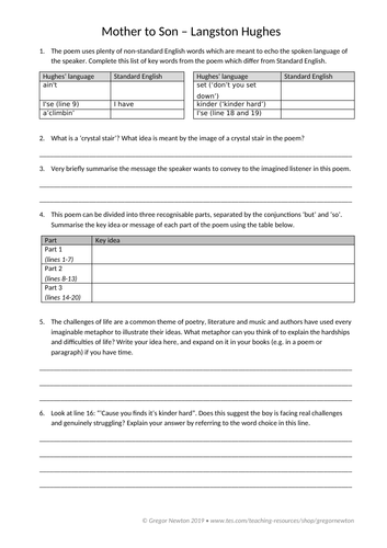 Mother to Son - Langston Hughes - Comprehension and analysis worksheet ...