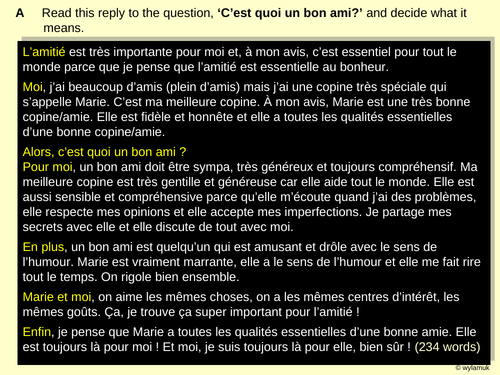 Studio AQA GCSE French, pp. 10/11, A comme amitié | Teaching Resources