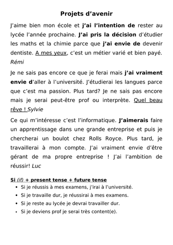 Mon avenir et mes projets | Teaching Resources