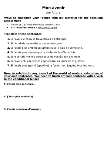 Mon avenir et mes projets | Teaching Resources
