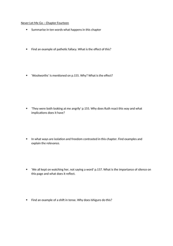 Never Let Me Go chapter questions | Teaching Resources