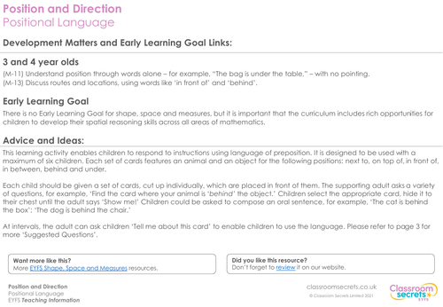 FREE EYFS Positional Language - Shape, Space and Measure Planning ...