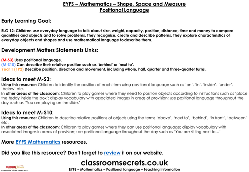 FREE EYFS Positional Language - Shape, Space and Measure Planning ...