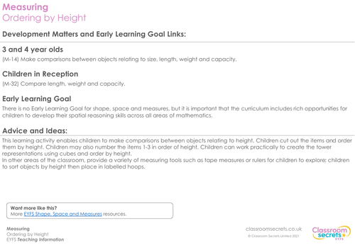 FREE EYFS Shape, Space & Measure - Ordering Items by Height Resources ...