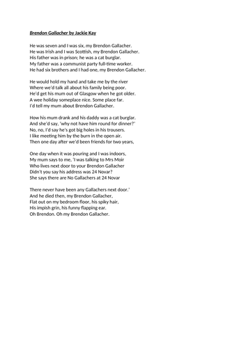 Brendan Gallacher by Jackie Kay Character Poetry | Teaching Resources