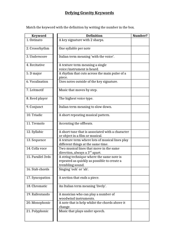 Defying Gravity Keywords | Teaching Resources