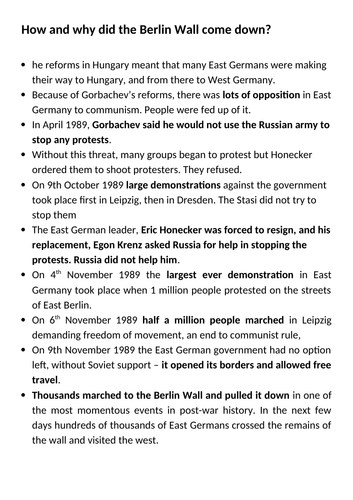 GCSE History - Why did the Berlin Wall come down | Teaching Resources