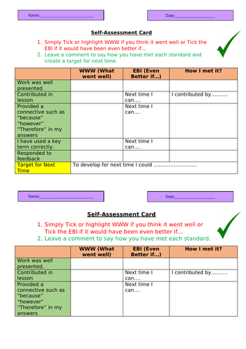 Self Assessment Card | Teaching Resources