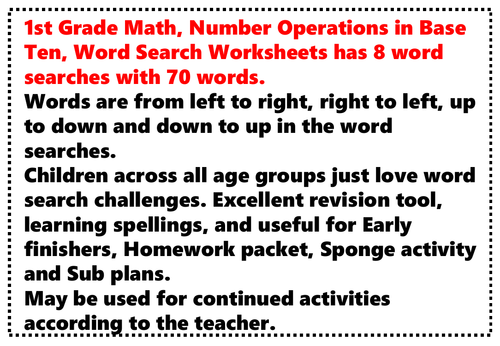 1st Grade Math, Number Operations in Base Ten, Word Search Worksheets ...