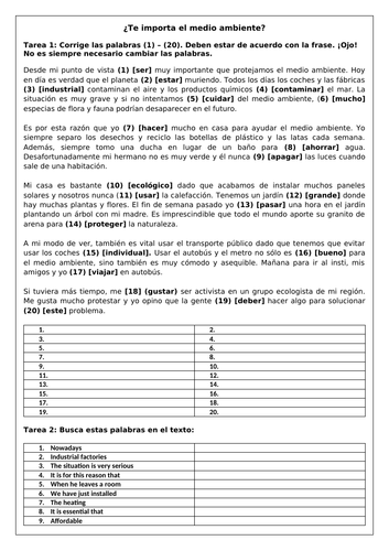 Spanish GCSE el medio ambiente / the environment grammar gap-fill and ...