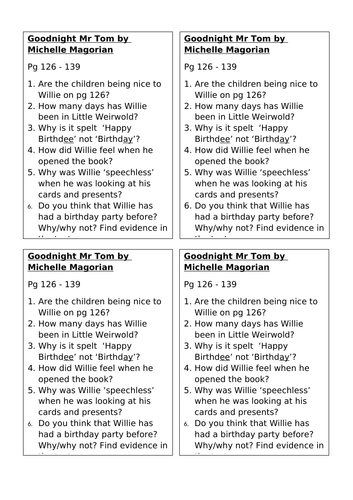Goodnight Mr Tom by Michelle Magorian comprehension questions pg 89 ...