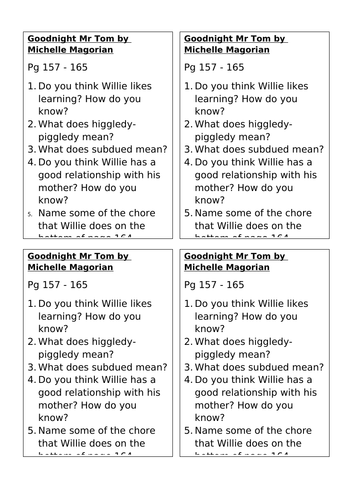 Goodnight Mr Tom by Michelle Magorian comprehension questions pg 89 ...