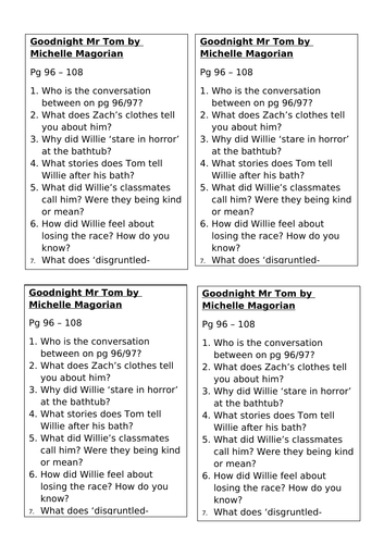 Goodnight Mr Tom by Michelle Magorian comprehension questions pg 89 ...