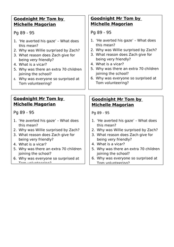 Goodnight Mr Tom by Michelle Magorian comprehension questions pg 89 ...