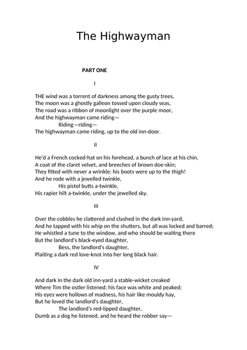 The Highwayman - 8 lesson mini scheme - Alfred Noyes - Narrative Poetry ...