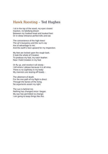 Hawk Roosting Poetry Lesson | Language Analysis | Unseen Poetry ...