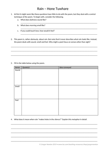 Rain - Hone Tuwhare - comprehension and analysis worksheet | Teaching ...
