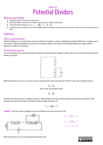 Potential dividers A Level physics sheet | Teaching Resources