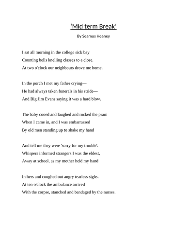 Mid Term Break by Seamus Heaney | Teaching Resources