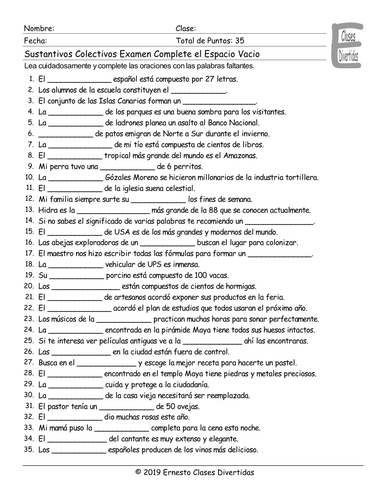 Collective Nouns Spanish Fill In The Blanks Exam | Teaching Resources