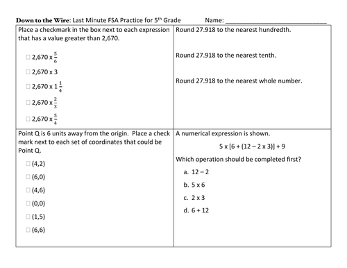 5th Grade Math FSA Practice Homework - 5 day review for the FSA ...