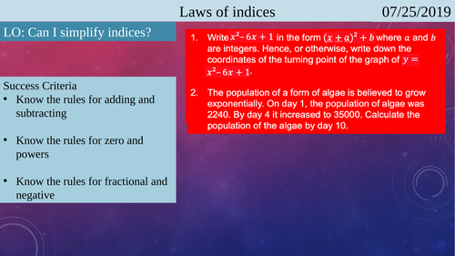 Unit 1b. Indices EDEXCEL MATHS | Teaching Resources