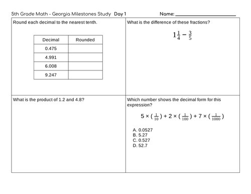 5th Grade Math Georgia Milestones Review/Practice - 10 Days of ...