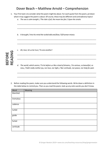 Dover Beach - Matthew Arnold - Comprehension and analysis worksheets ...