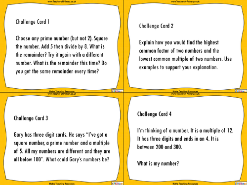 Factors, Multiples, Primes, Squares and Cubes Challenge Cards - Year 6 ...