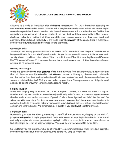 Cultural Differences Around the World- Comprehension Text ...