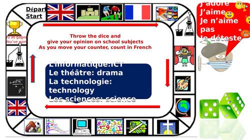 dice game: giving your opinion about school subjects in French with ...
