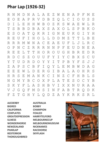 Phar Lap Word Search | Teaching Resources