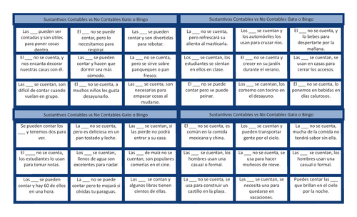 Countable vs Mass Nouns Spanish Tic-Tac-Toe or Bingo Game | Teaching ...