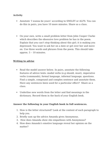 Materials for activites on poem: ' I wanna be yours' by John Cooper ...