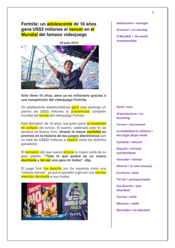 Spanish Fortnite Article with Exercises | Teaching Resources
