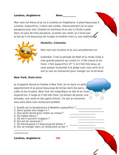French Reading on Weather, Seasons and Clothes: Le temps / Les ...
