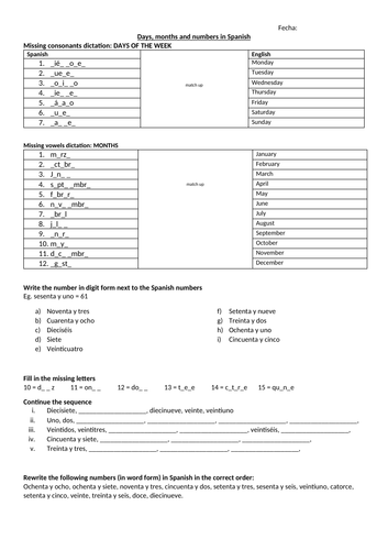 Resource pack - months, numbers, dates & days of the week Spanish ...