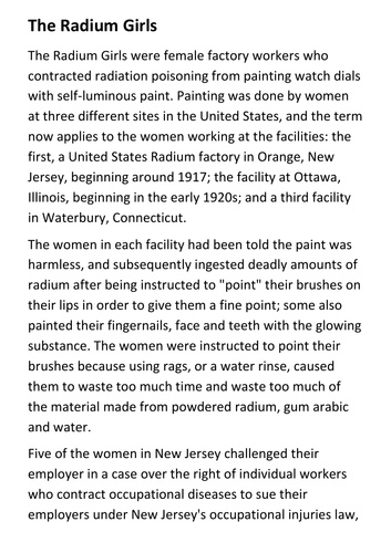 The Radium Girls Handout | Teaching Resources